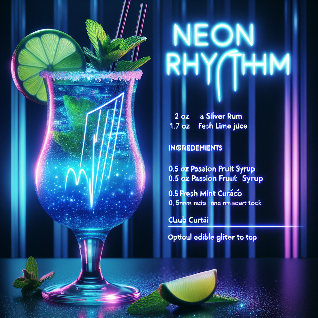 Neon Rhythm, Electrifying cocktail with rum, citrus, and mint