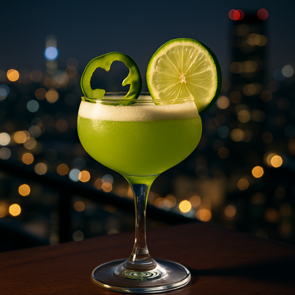 Peeper's Delight, Whisky sour with green bell pepper juice and ginger twist