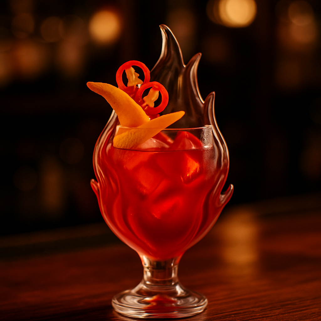 Red Baroness Flame, Fiery cocktail with whiskey, tequila, orange, and chili