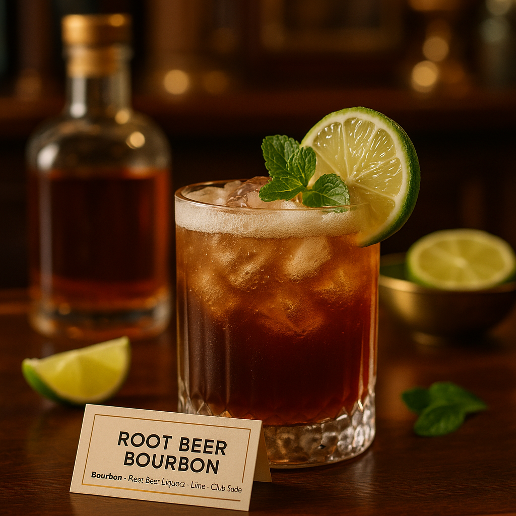 Rooted Bourbon Fizz, Bourbon root beer cocktail with lime and bitters