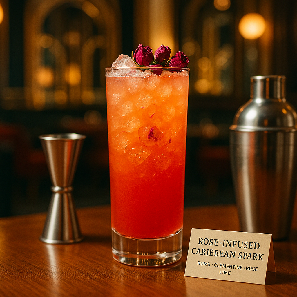 Rose-Infused Caribbean Spark, Exotic floral Caribbean cocktail