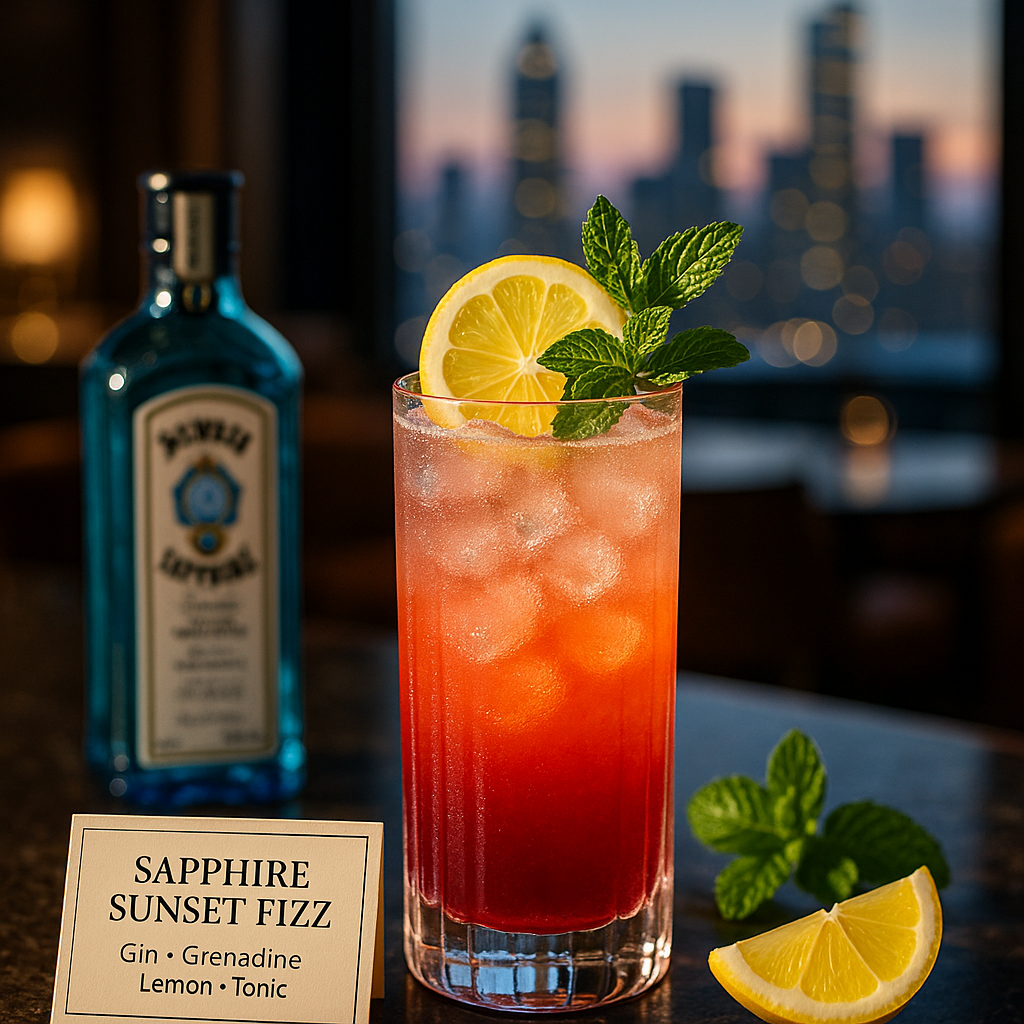 Sapphire Sunset Fizz, Balanced cocktail with Bombay Sapphire, grenadine ...