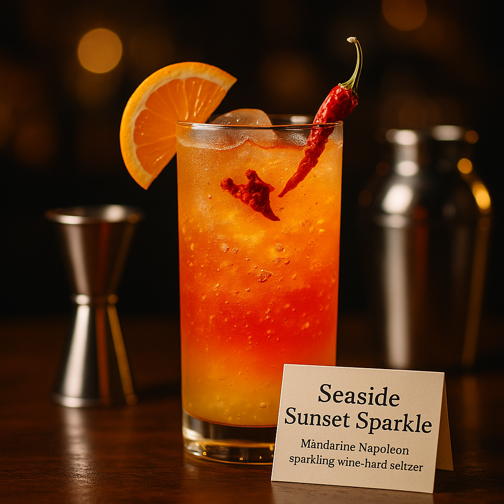 Seaside Sunset Sparkle, Mandarin-spiced cocktail with a refreshing sparkle
