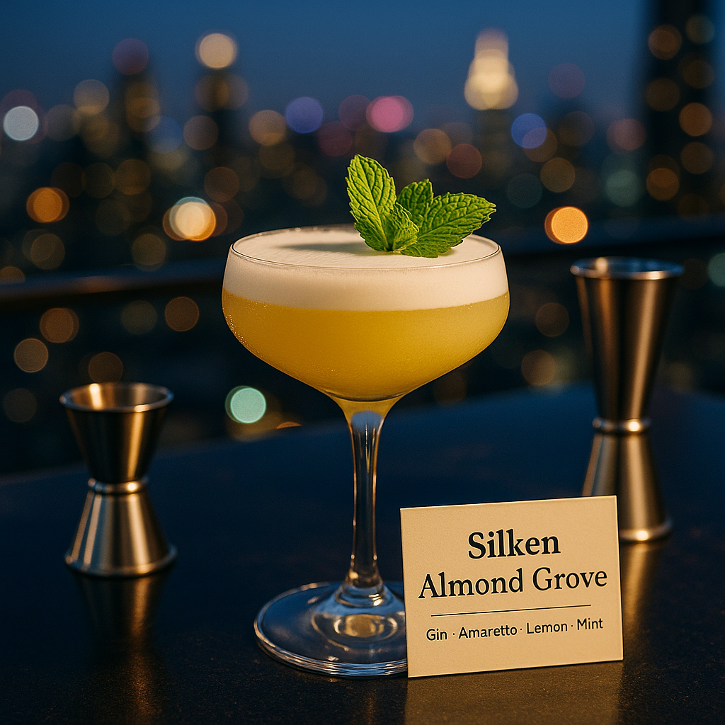 Silken Almond Grove, Exquisite gin and amaretto cocktail with velvety ...