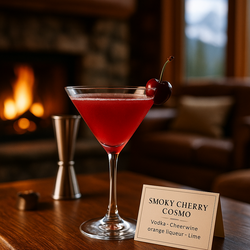 Smoky Cherry Cosmo, Playful twist on classic cosmopolitan with smoky cherry flavors