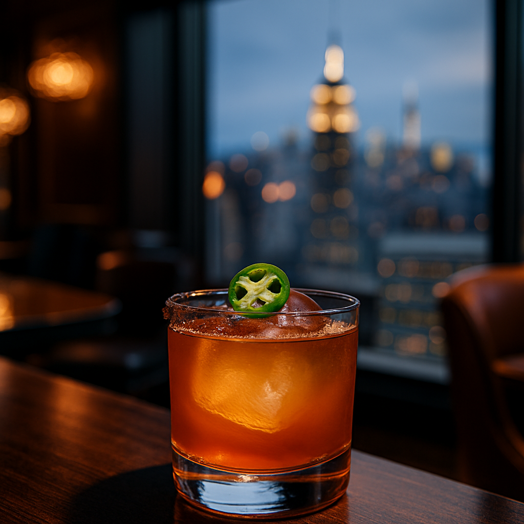 Smoky Ember Elixir, Bold cocktail with aged rye gin and smoky mezcal.