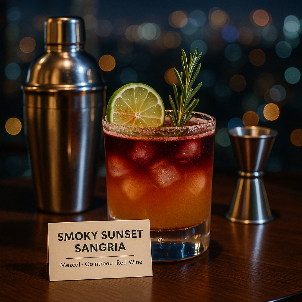 Smoky Sunset Sangria, Mezcal margarita with red wine float and herbal aroma