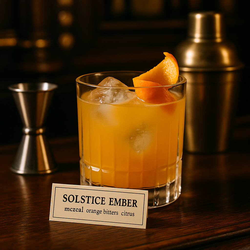 Solstice Ember, Citrus and smoky mezcal cocktail for late-summer evenings