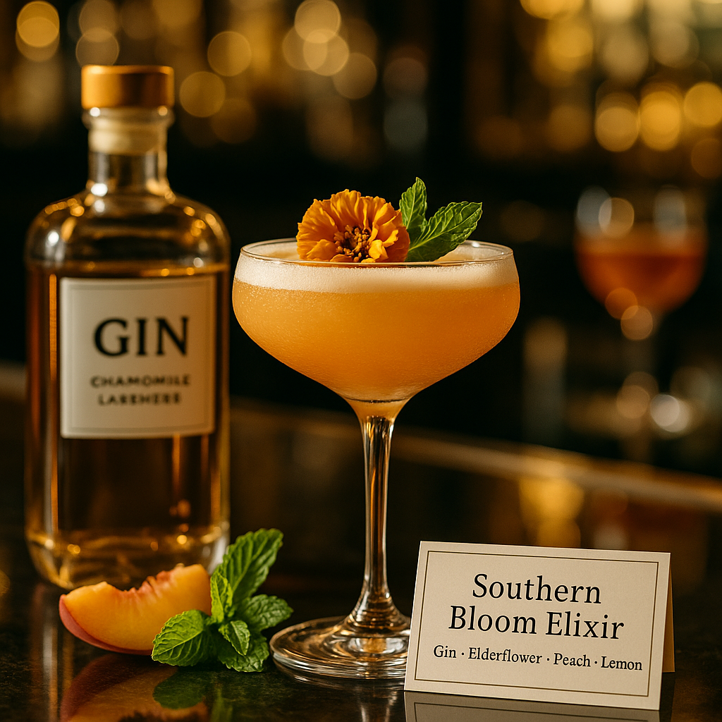 Southern Bloom Elixir, Sophisticated cocktail with floral and fruity notes