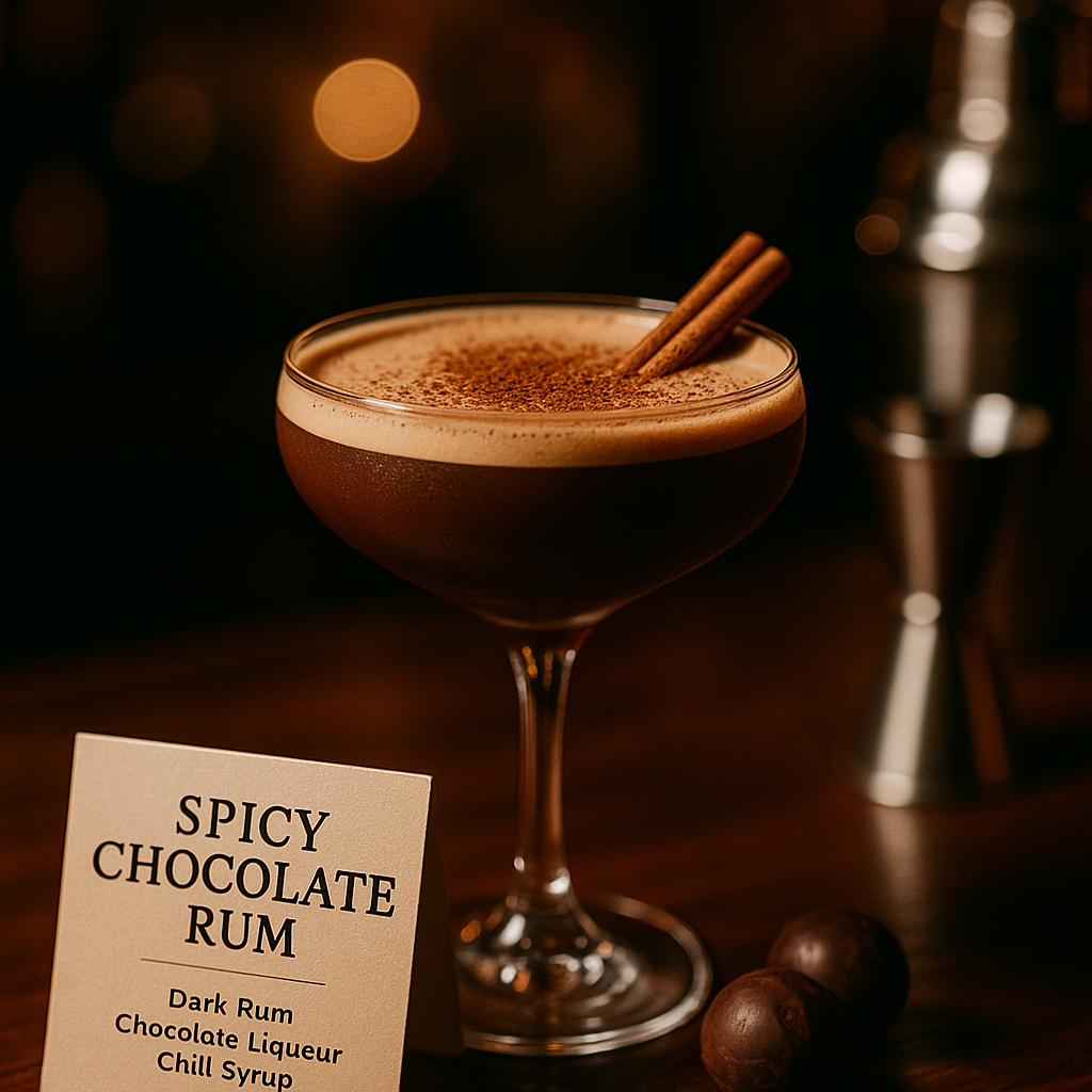 Spicy Cocoa Rum Delight, Decadent chocolate rum cocktail with a spicy kick