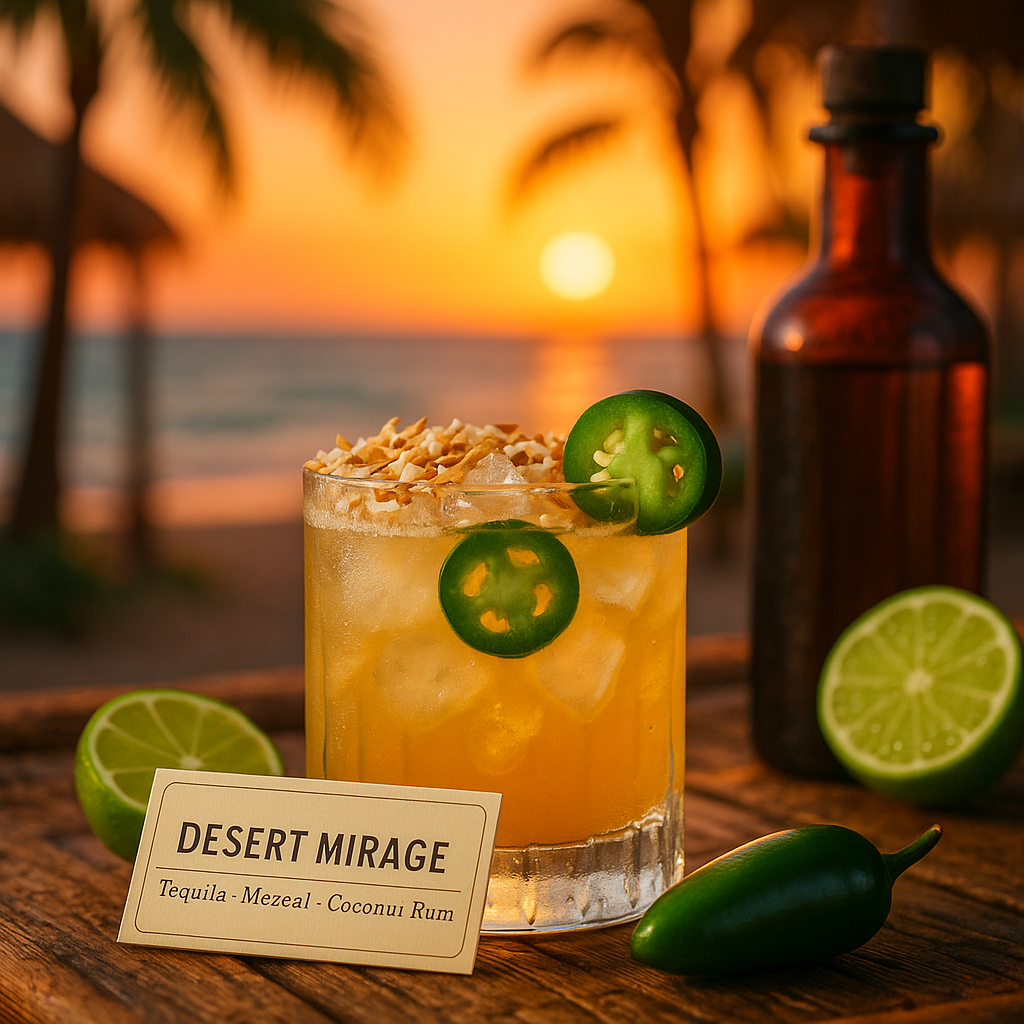 Spicy Desert Oasis, Smoky, sweet, and spicy desert mirage cocktail
