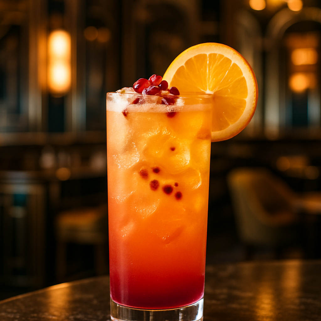 Sunlit Reverie, Vibrant sunrise mocktail with orange, pomegranate ...