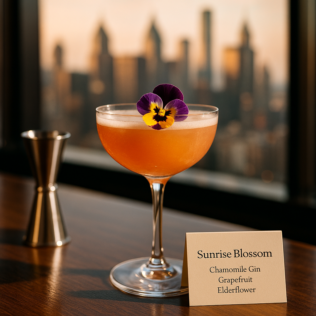 Sunrise Blossom, Vibrant cocktail with floral, fruit, and spice notes