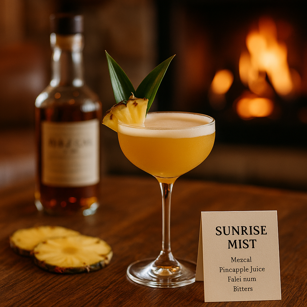 Sunrise Mist, Vibrant tropical sunrise cocktail with mezcal, pineapple ...