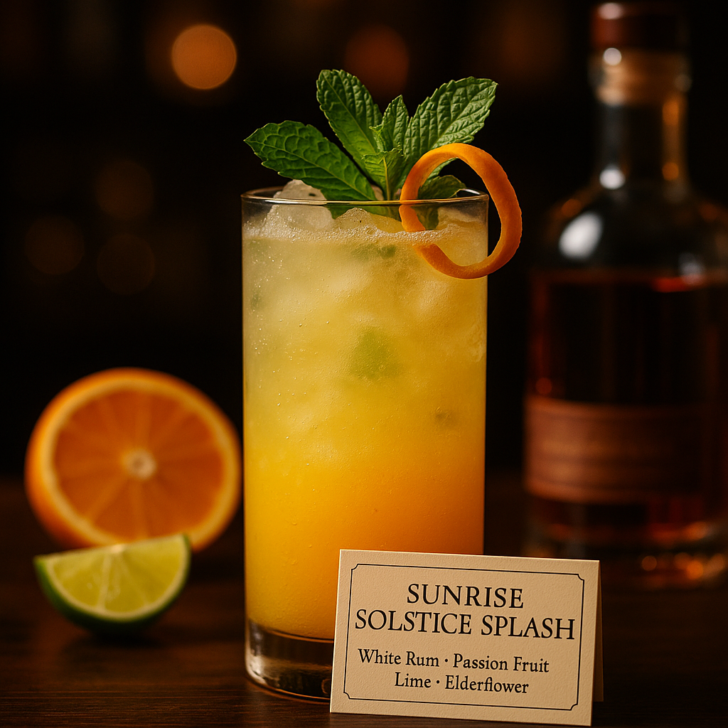 Sunrise Solstice Splash, Vibrant summer cocktail with tropical flavors ...