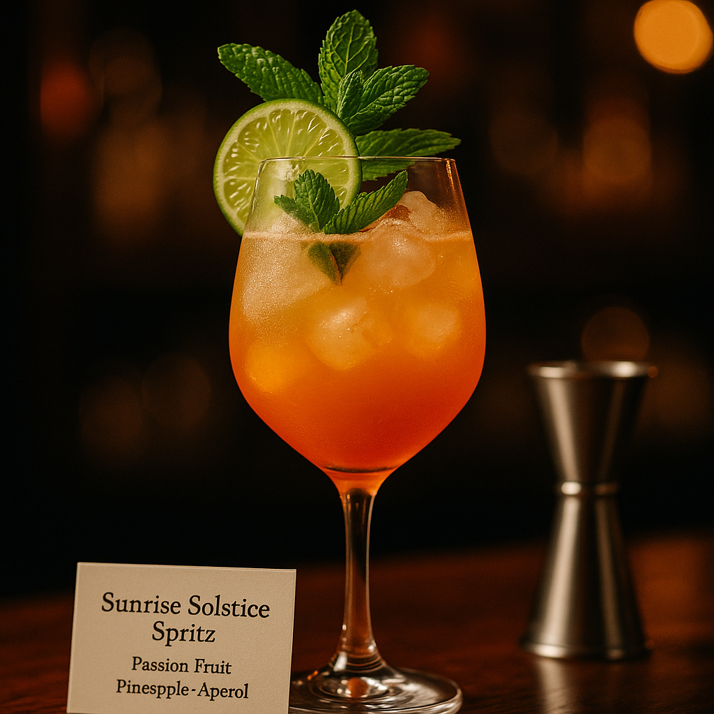 Sunrise Solstice Spritz, Refreshing tropical cocktail with herbal zest