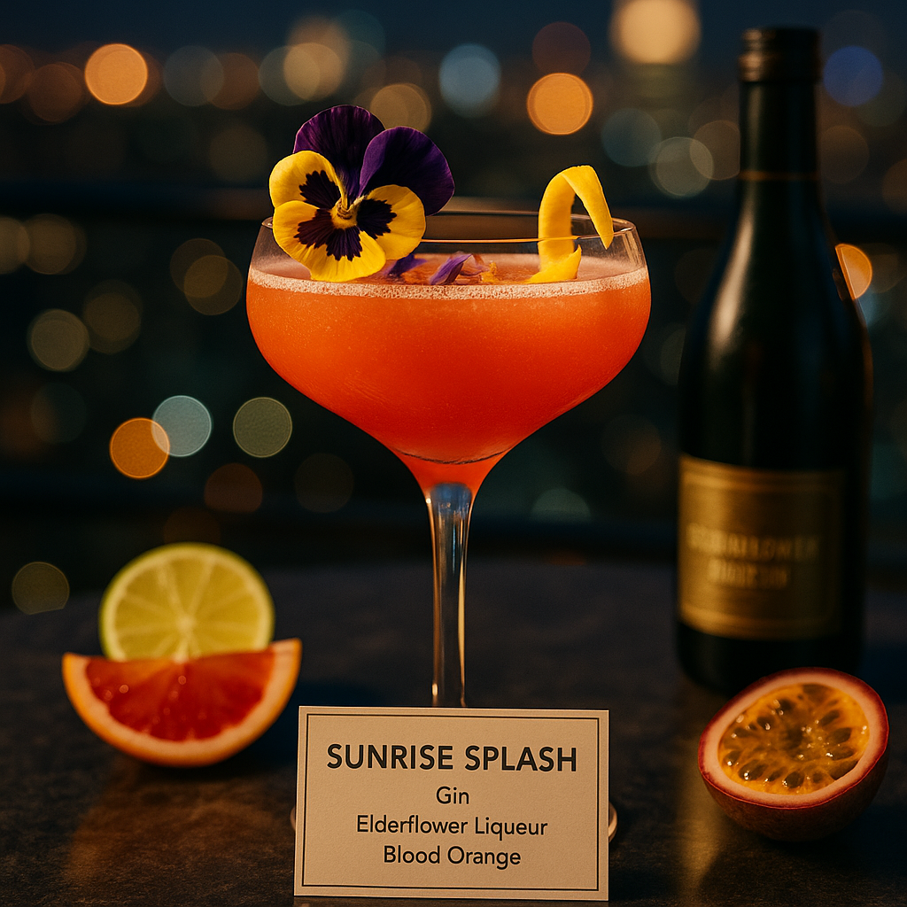 Sunrise Splash, Vibrant summer cocktail with citrus, floral, and ...