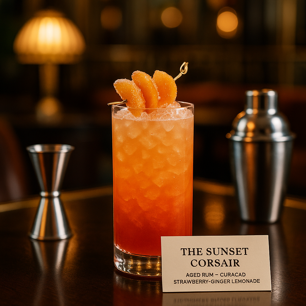 Sunset Corsair, Tropical rum cocktail with citrus and strawberry-ginger ...