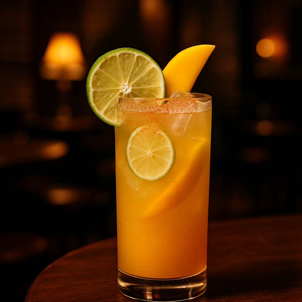 Sunset Mango Breeze, Tropical mango cocktail with citrus and spice notes