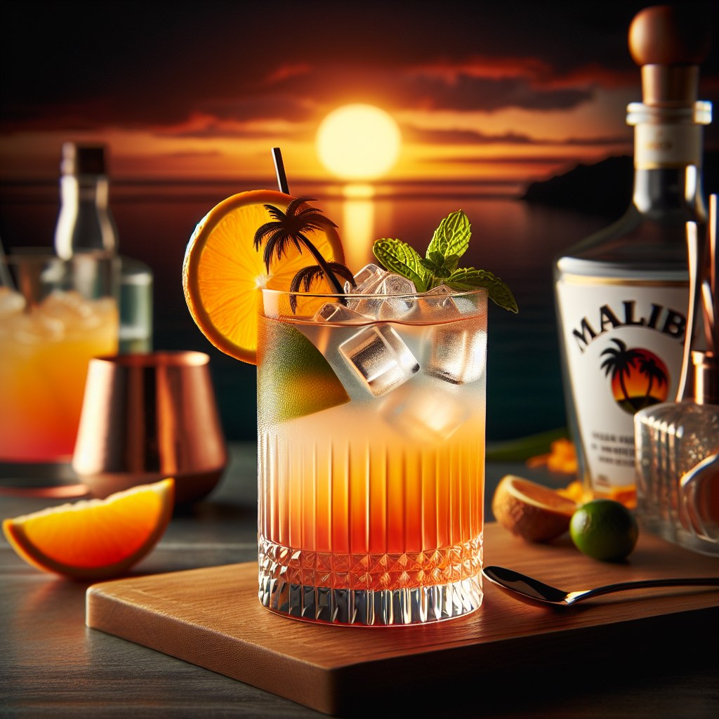 Sunset Oasis, Vibrant tropical cocktail with gin, Malibu, and orange juice