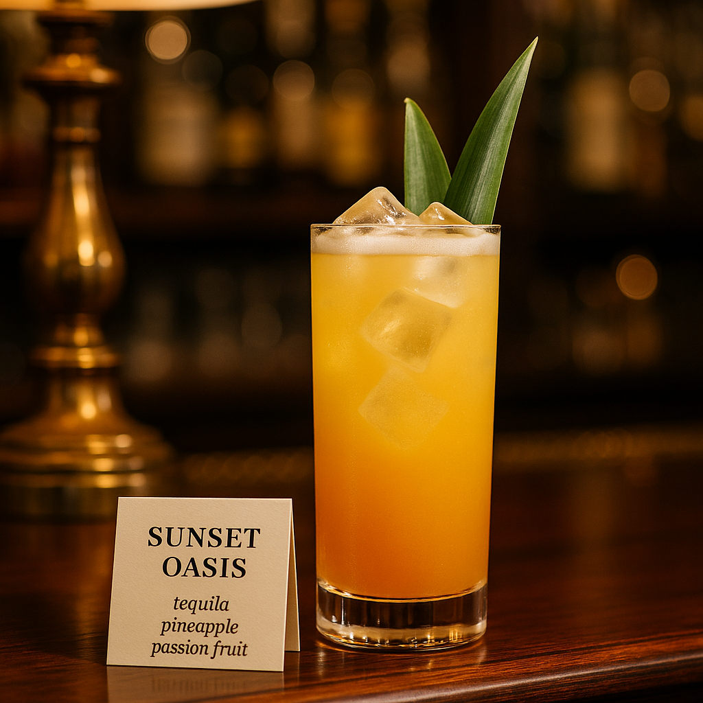 Sunset Oasis, Vibrant cocktail with Tequila, pineapple, passion fruit, lime, grapefruit
