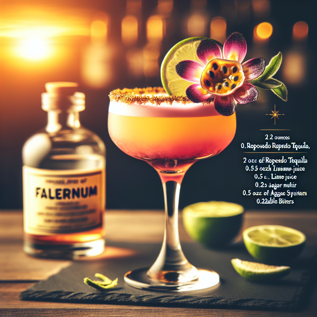 Sunset Serenade, Vibrant exotic cocktail with tequila and falernum