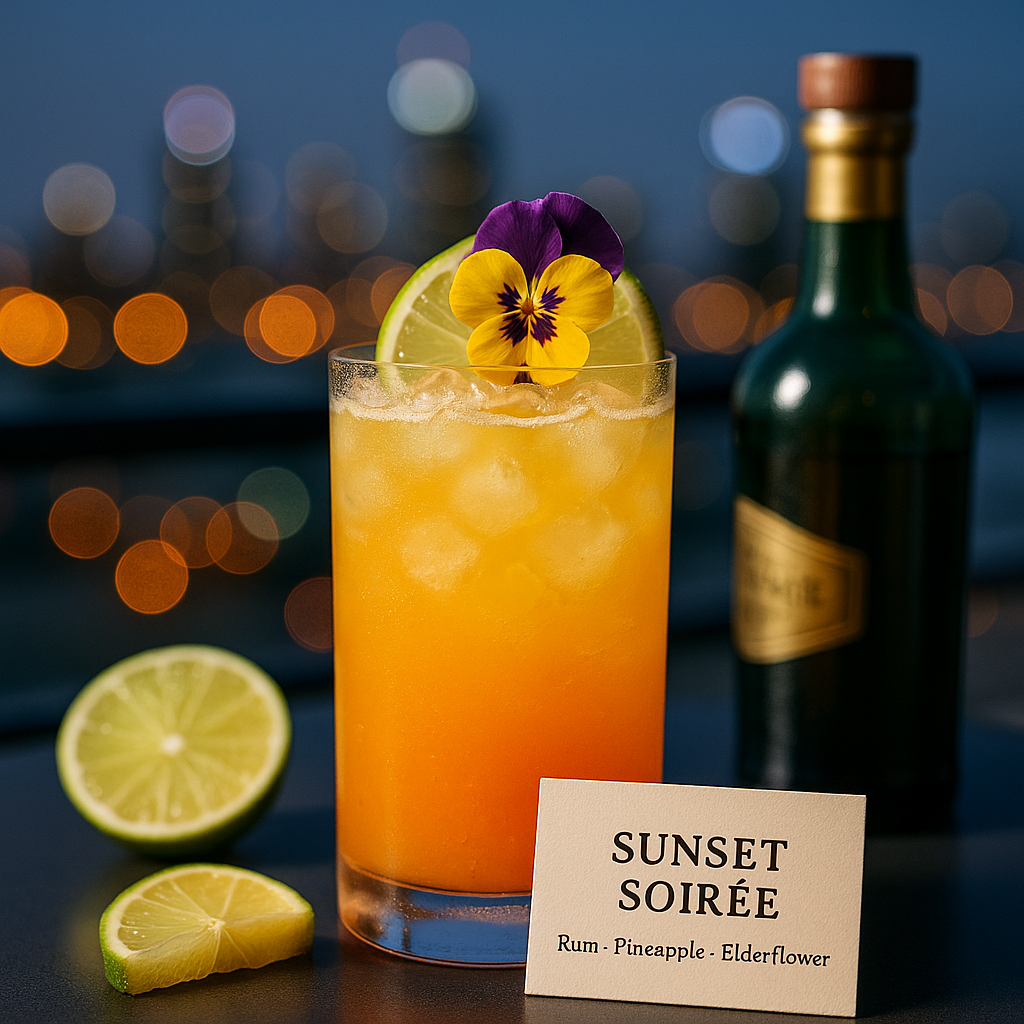 Sunset Soirée, Tropical cocktail with citrus and floral notes