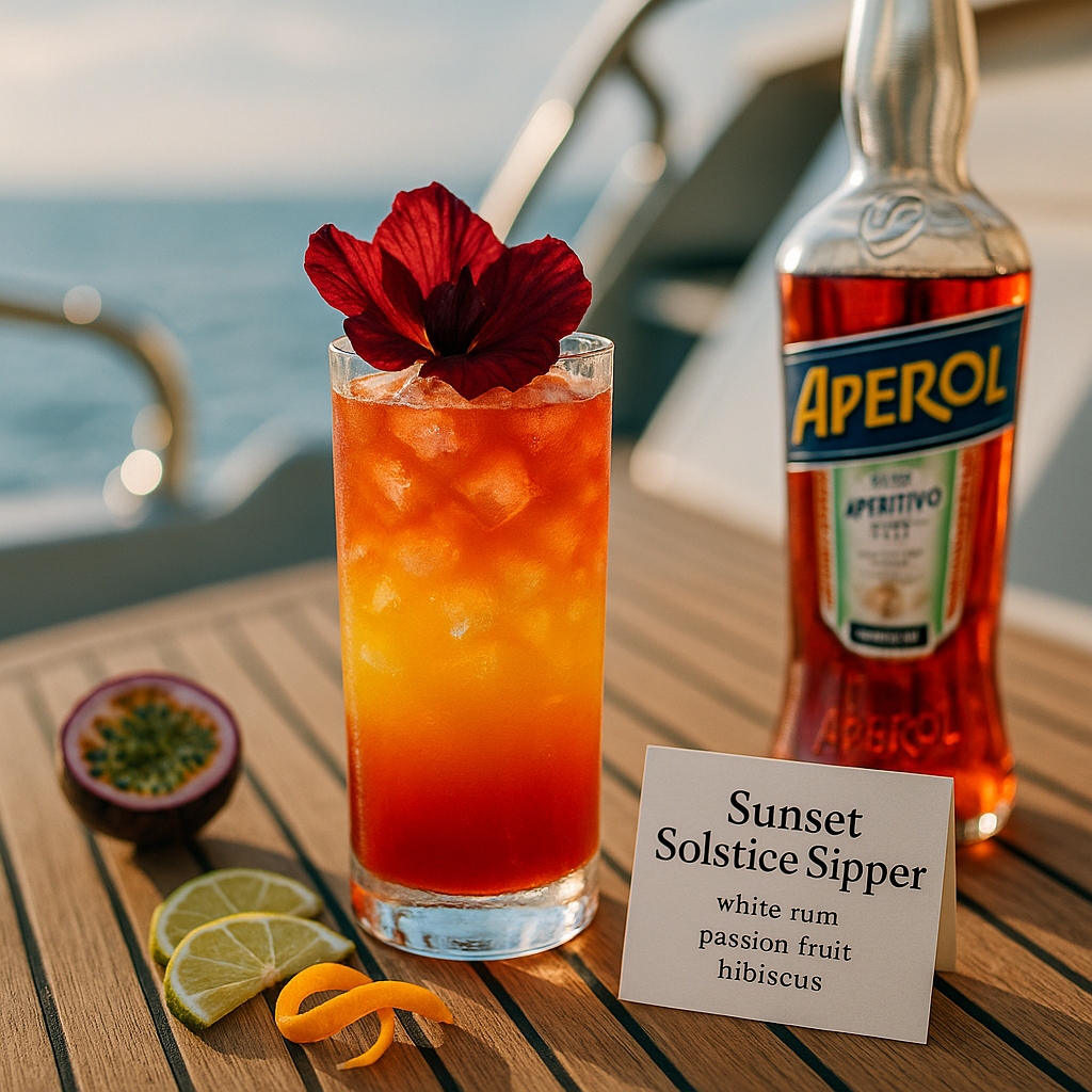 Sunset Solstice Sipper, Vibrant cocktail capturing summer evening sky