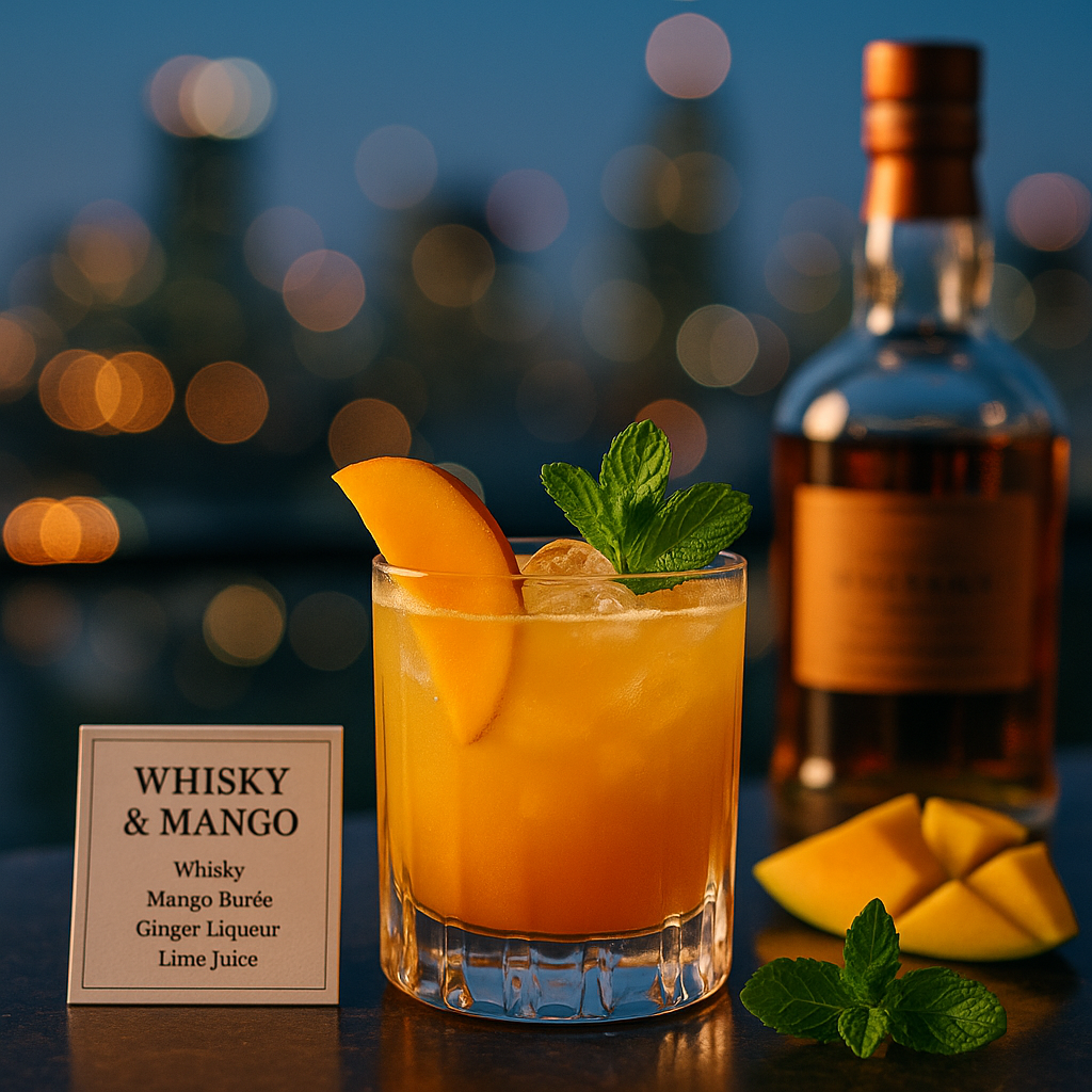 Sunset Solstice, Tropical mango whisky cocktail with ginger and lime
