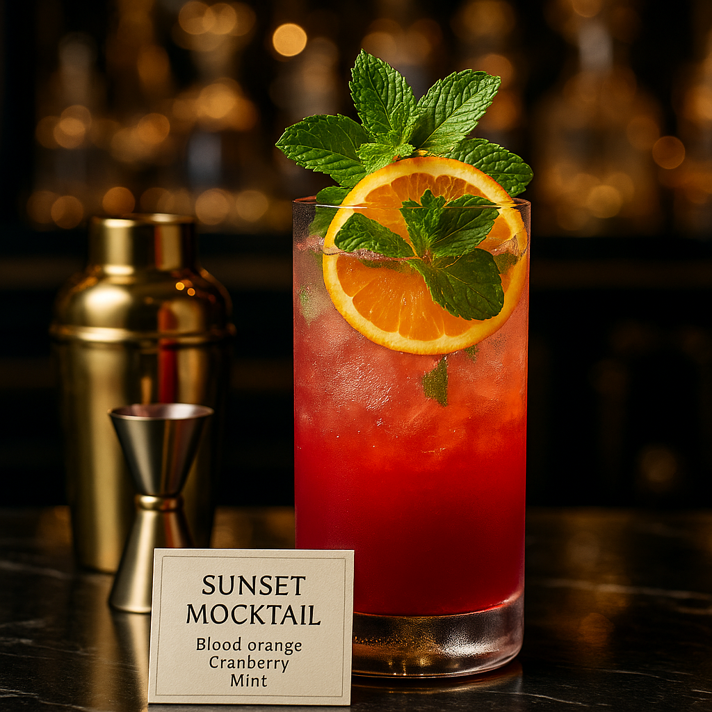 Sunset Whisper, Refreshing citrus-berry mocktail with a hint of mint