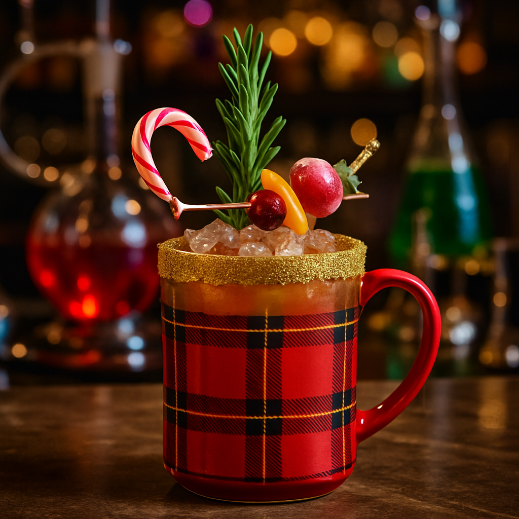 Tartan Yuletide Cheer, Whimsical, festive cocktail capturing Christmas spirit