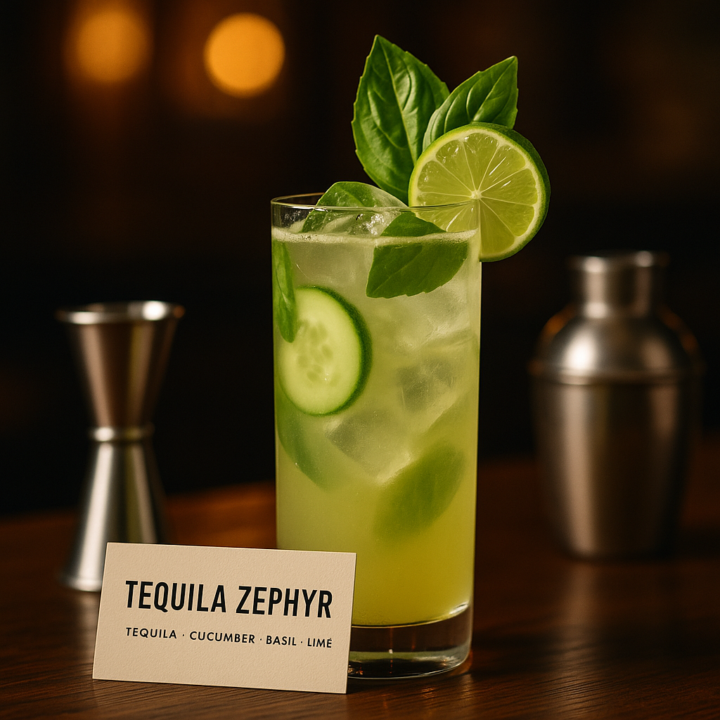Tequila Zephyr, Vibrant tequila cocktail with botanicals and spice