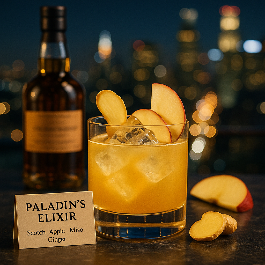 The Paladin's Elixir, Scotch, miso, honey, apple, ginger cocktail