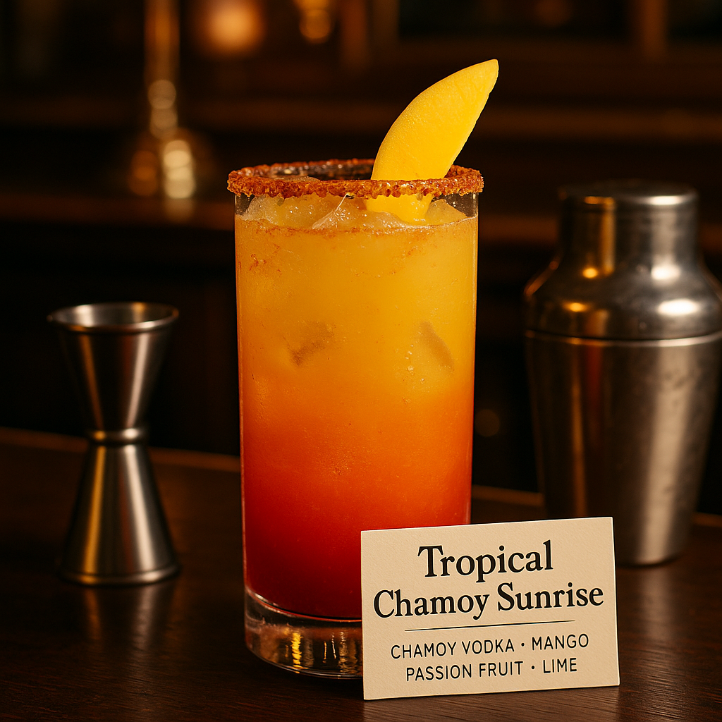Tropical Chamoy Sunrise, Vibrant cocktail with sweet, spicy, tangy ...