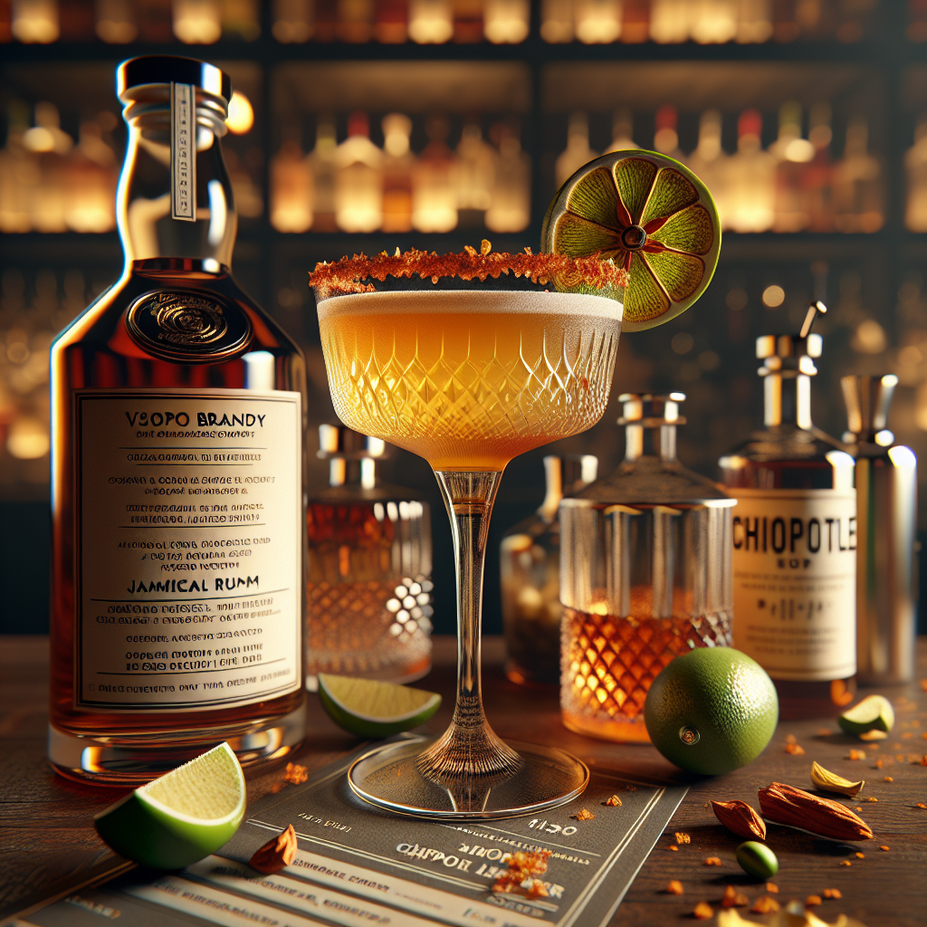 Tropical Ember, Bold cocktail with brandy, rum, ginger, lime, and chipotle