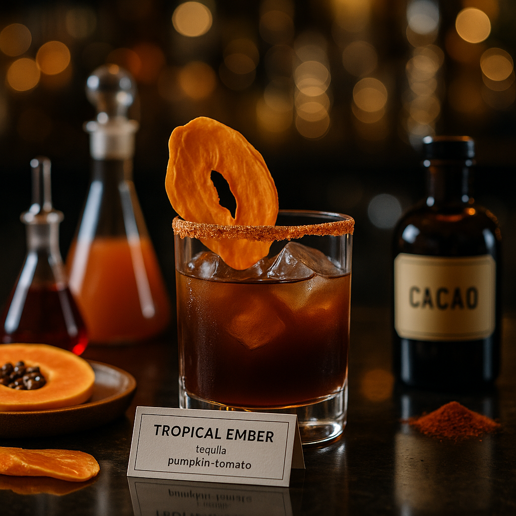Tropical Ember, Tropical Ember cocktail with tequila, cacao, pumpkin, chili