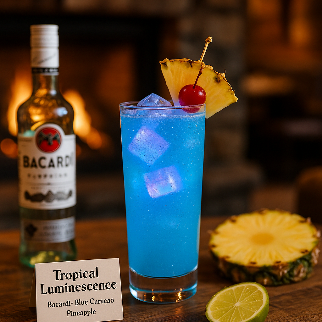 Tropical Luminescence, Vibrant tropical cocktail with Bacardi and neon glow