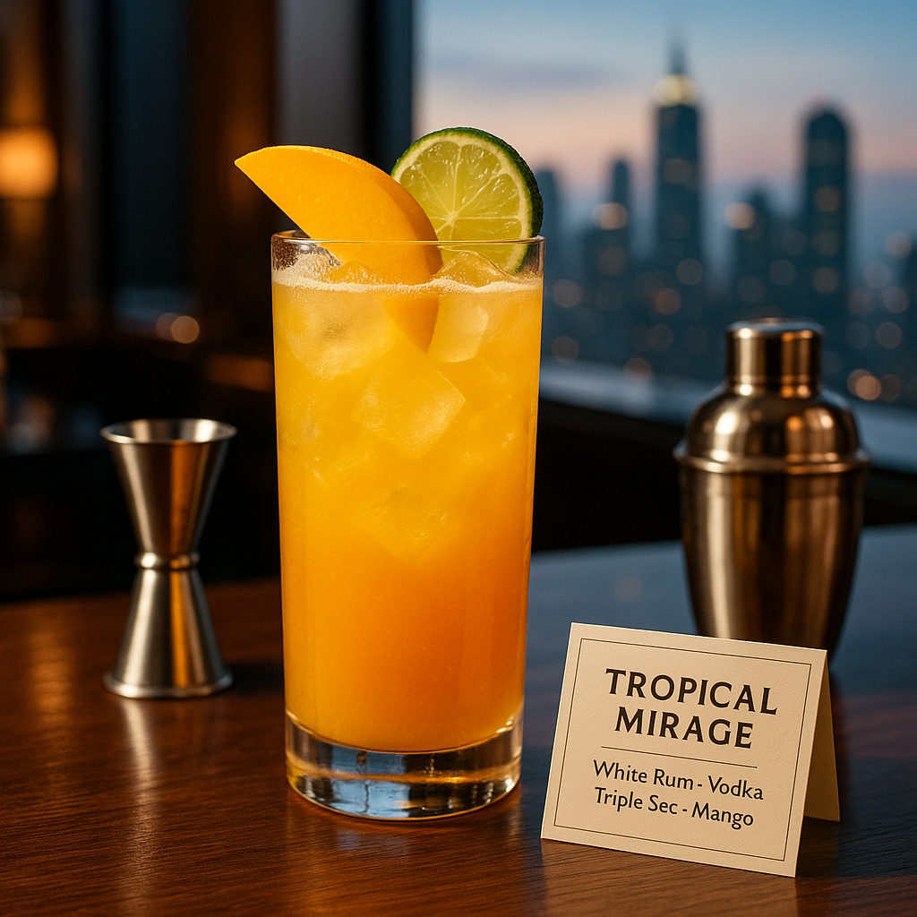 Tropical Mirage, Refreshing tropical cocktail with citrus and mango flavors