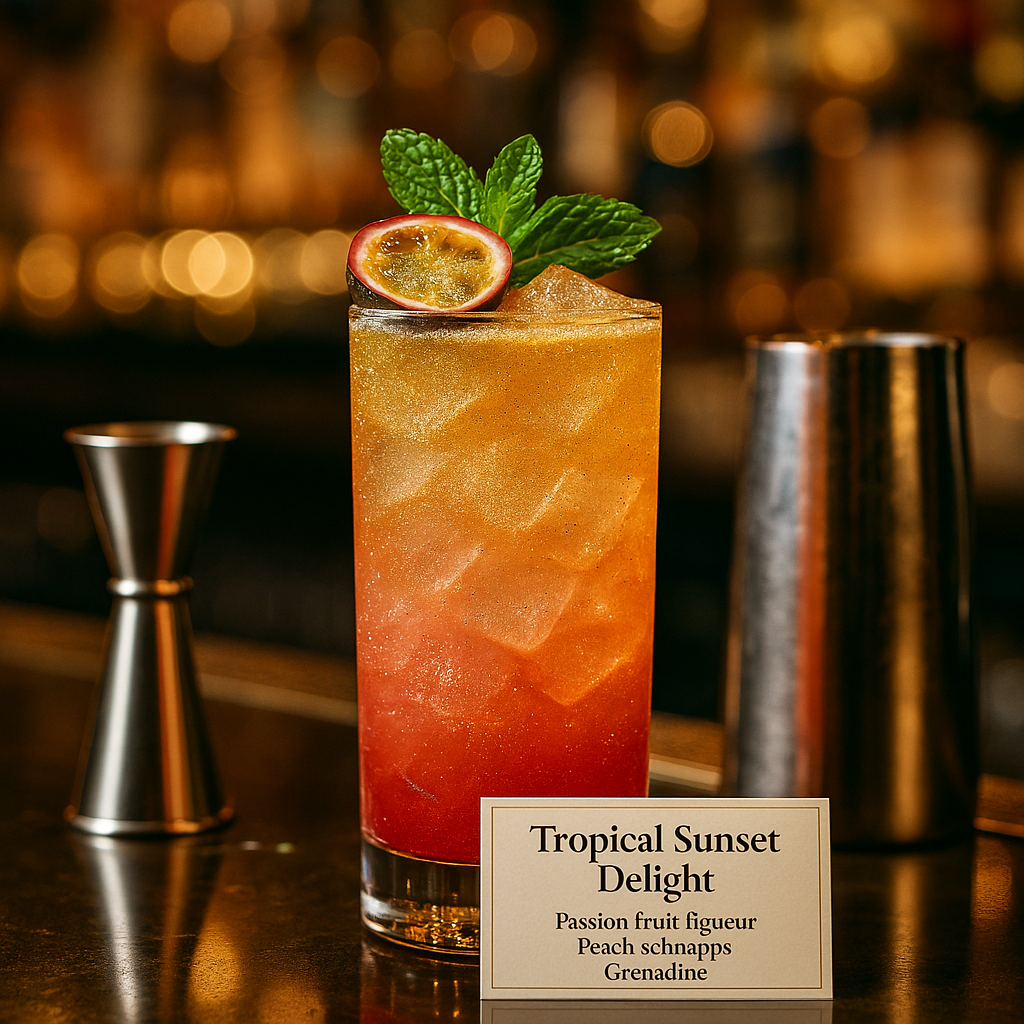 Tropical Sunset Delight, Tropical Sunset Delight cocktail with passion fruit and sparkle