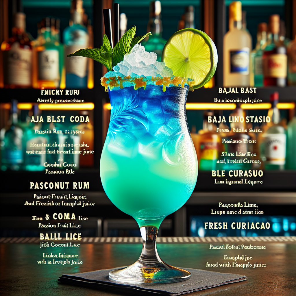Tropical Tidewave, Vibrant Baja Blast cocktail with tropical spirits