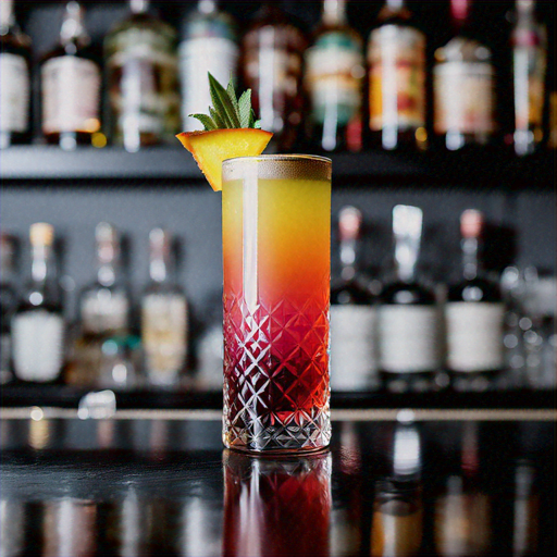 Tropical Twilight Elixir, Exotic cocktail capturing vibrant hues of sunset