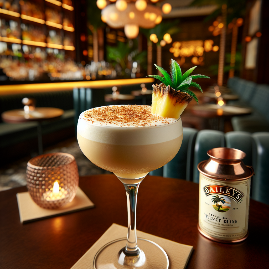Tropical Velvet Bliss, Indulgent tropical cocktail with Baileys and Malibu