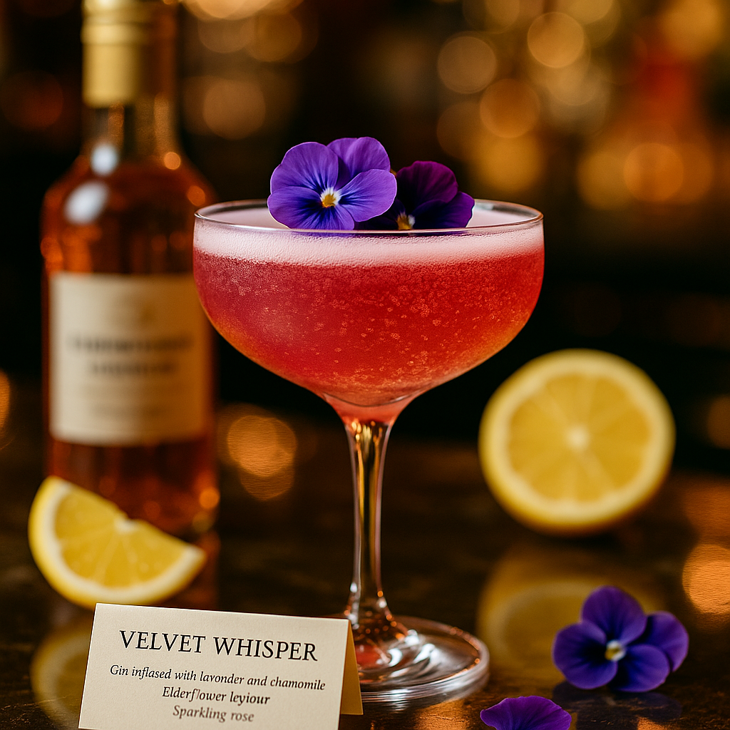 Velvet Whisper, Floral and fruity cocktail with a touch of effervescent ...