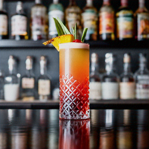 Voodoo Sunset, Tiki-inspired cocktail with peach cider and bayou pink rum