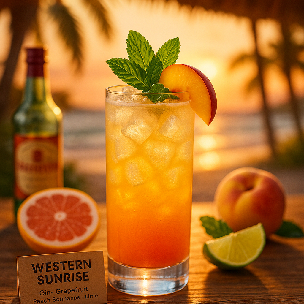 Western Sunrise, Vibrant gin cocktail with citrus and herbal flavors