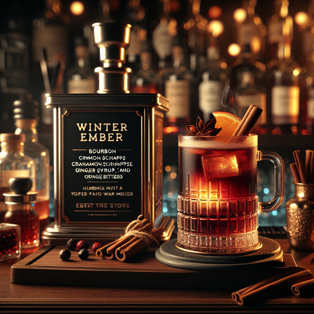 Winter Ember, Cozy winter cocktail with bourbon, cinnamon, cranberry, and ginger
